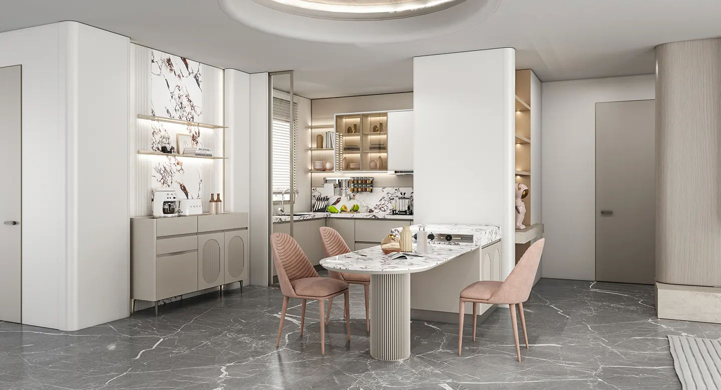 Cucina contemporanea - PLCC24016 - Oppein - in pietra naturale / a L / con maniglia integrata