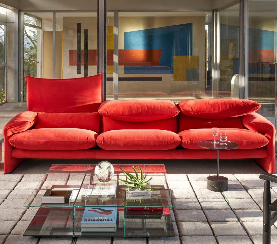 Divano contemporaneo - MARALUNGA 50 - Cassina - in pelle / rosso / in ...